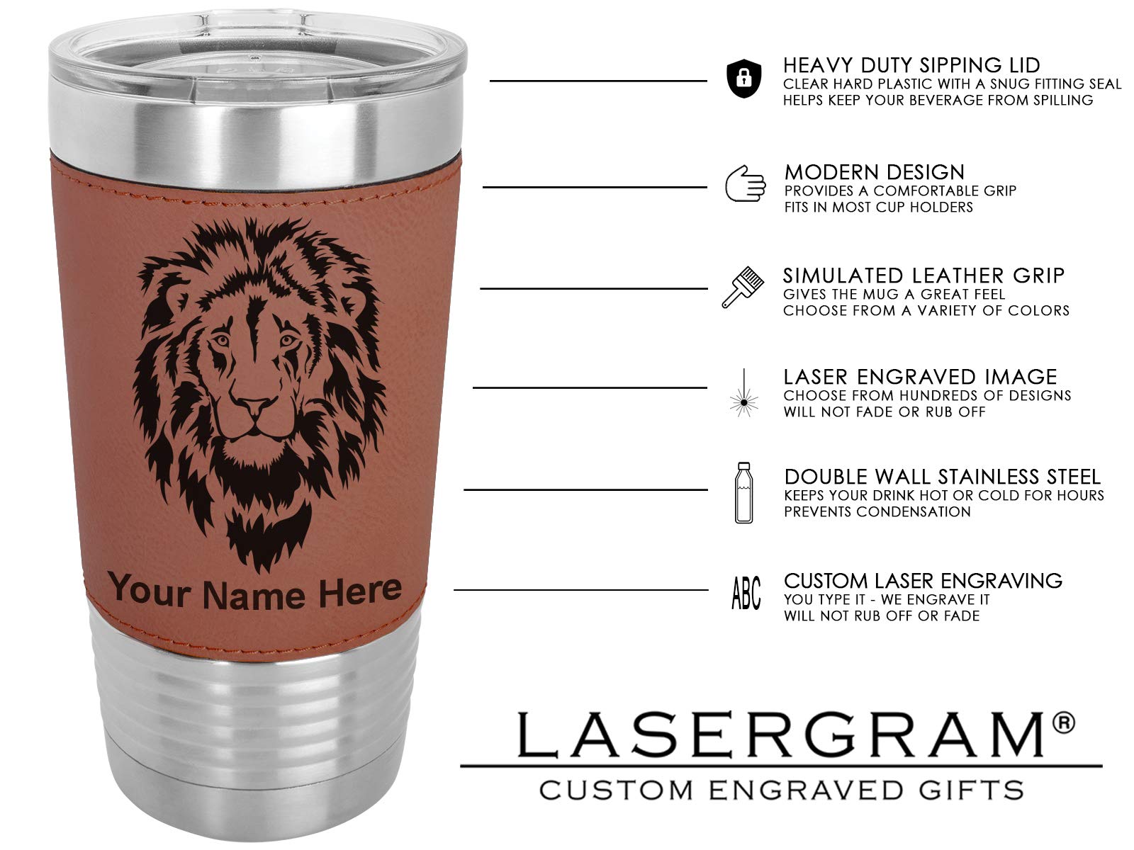 LaserGram 20oz Vacuum Insulated Tumbler Mug, Hecho en San Luis Potosi, Personalized Engraving Included (Faux Leather, Dark Brown)