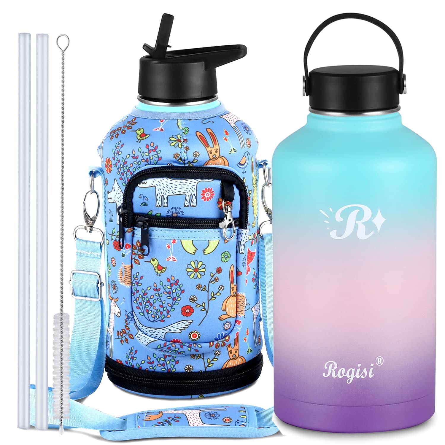 Half Gallon/ 64oz Water Bottle with Straw and Sleeve Insulated, Wide Mouth Stainless Steel Big Gallon Water Jug, Keep Cold for 48 Hrs or Hot for 24 Hrs Vacuum Metal Thermos Mug with Handle