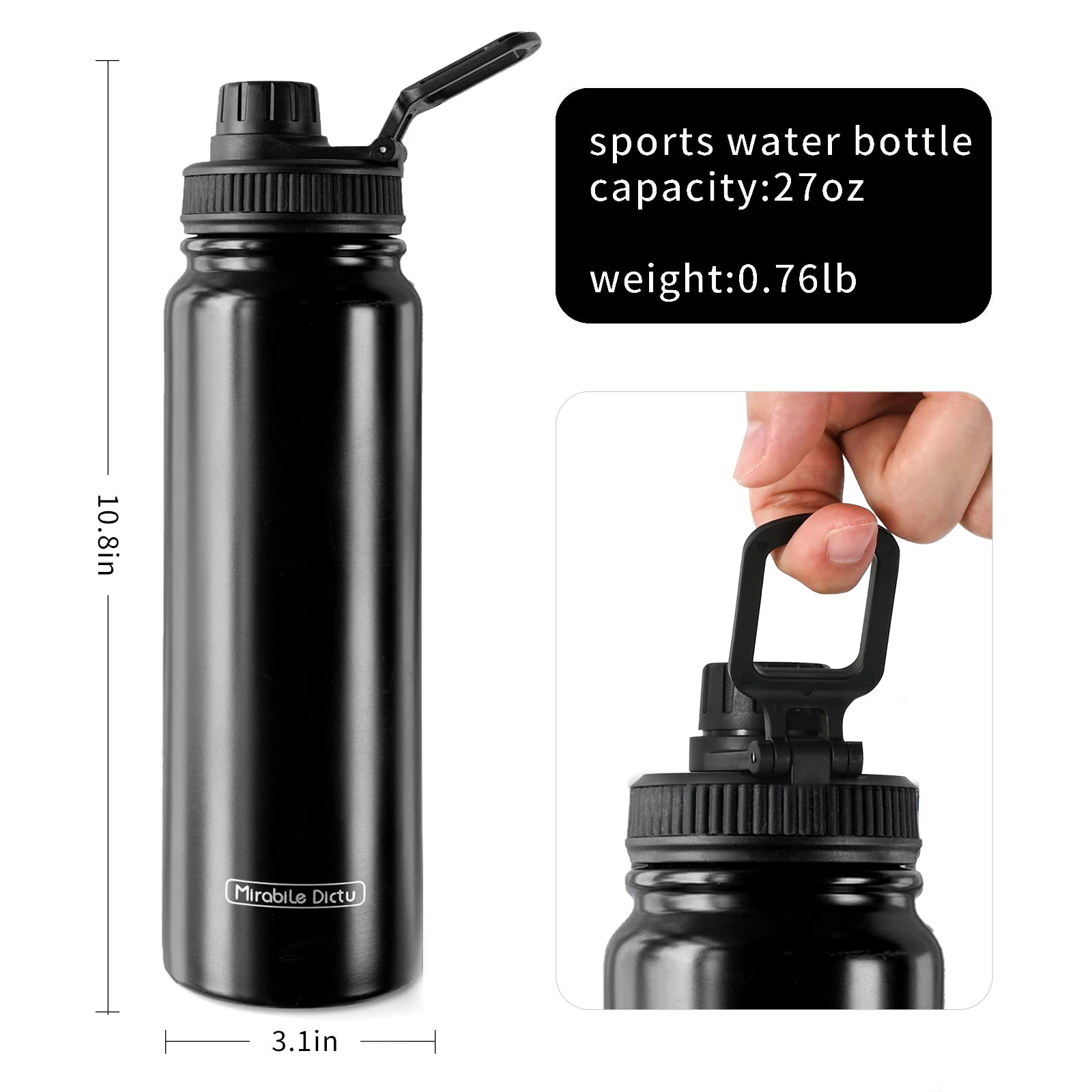 Vacuum-Insulated Stainless-Steel Water Bottle 27oz - Cold and Hot Drinks Sport Water Bottle with a Handle and a Leakproof Spout Screw Lid, Sweat-Proof Modern Flask with Wide Mouth