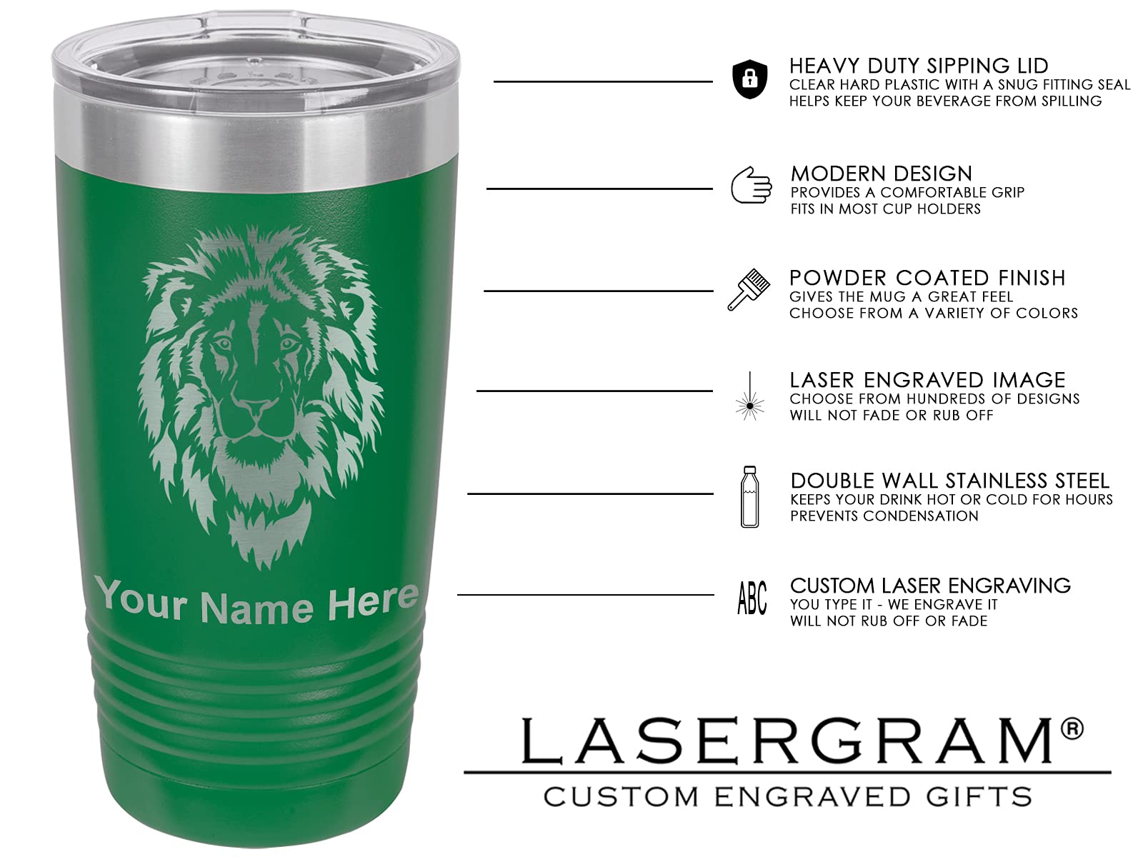 LaserGram 20oz Vacuum Insulated Tumbler Mug, Alien Head, Personalized Engraving Included (Green)