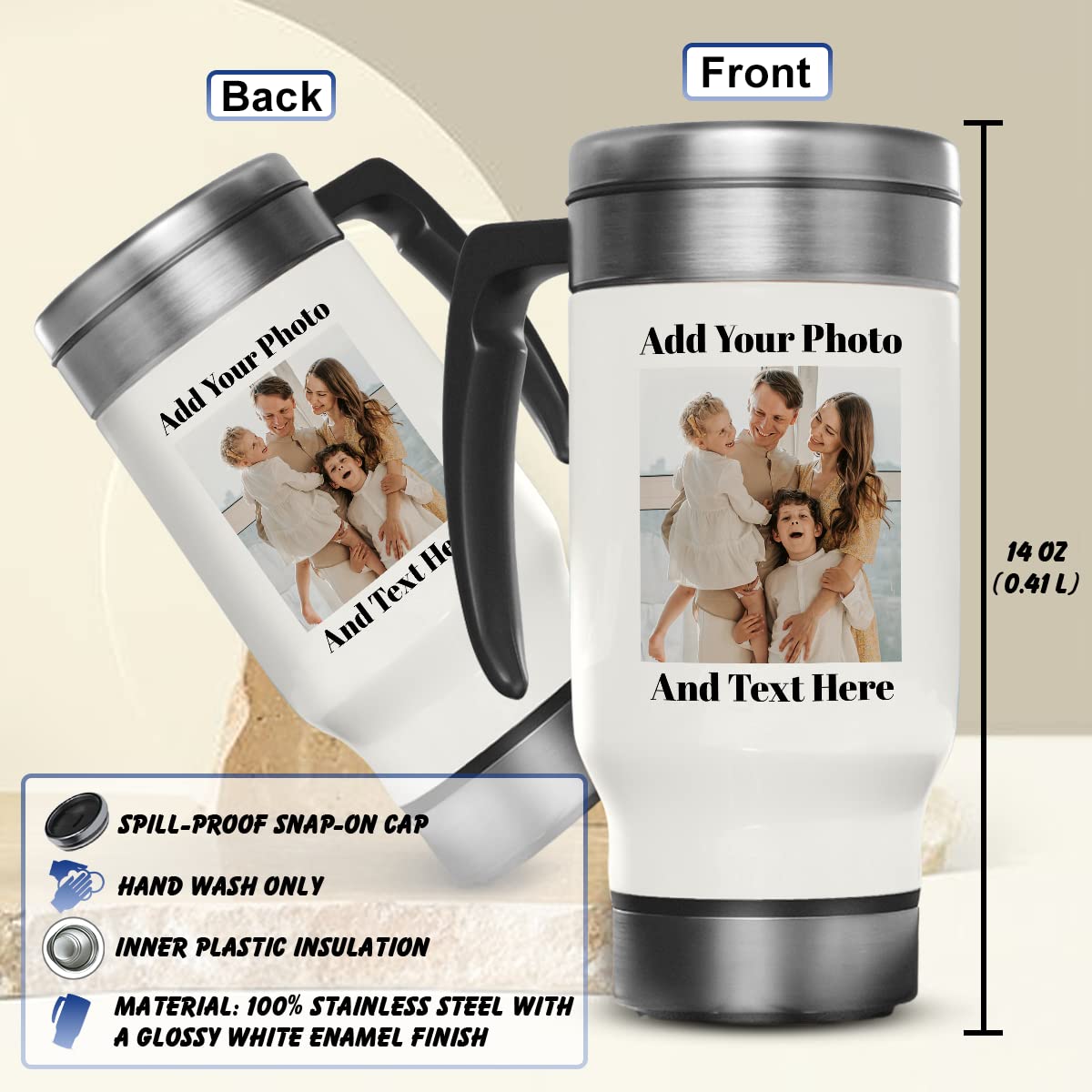 winorax Photo Mugs Personalized Picture Travel Mugs With Handle Stainless Steel 14oz Tumbler With Lid Customized Text Name Logo Coffee Travel Cup Traveling Birthday Gifts For Women Men Family