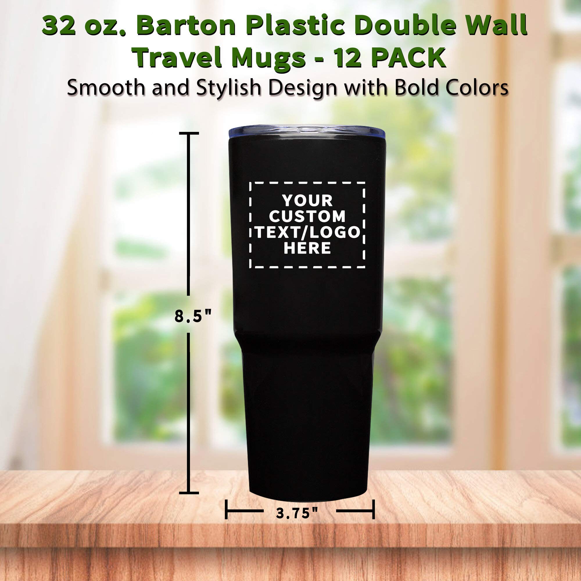 Personalized 32 oz. Barton Plastic Double Wall Travel Mugs - 12 Pack - Custom Text, Logo - Black