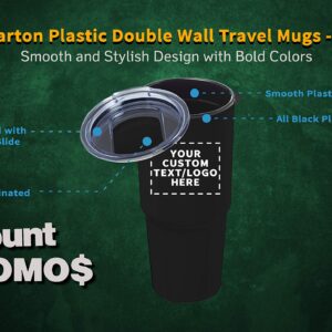 Personalized 32 oz. Barton Plastic Double Wall Travel Mugs - 12 Pack - Custom Text, Logo - Black