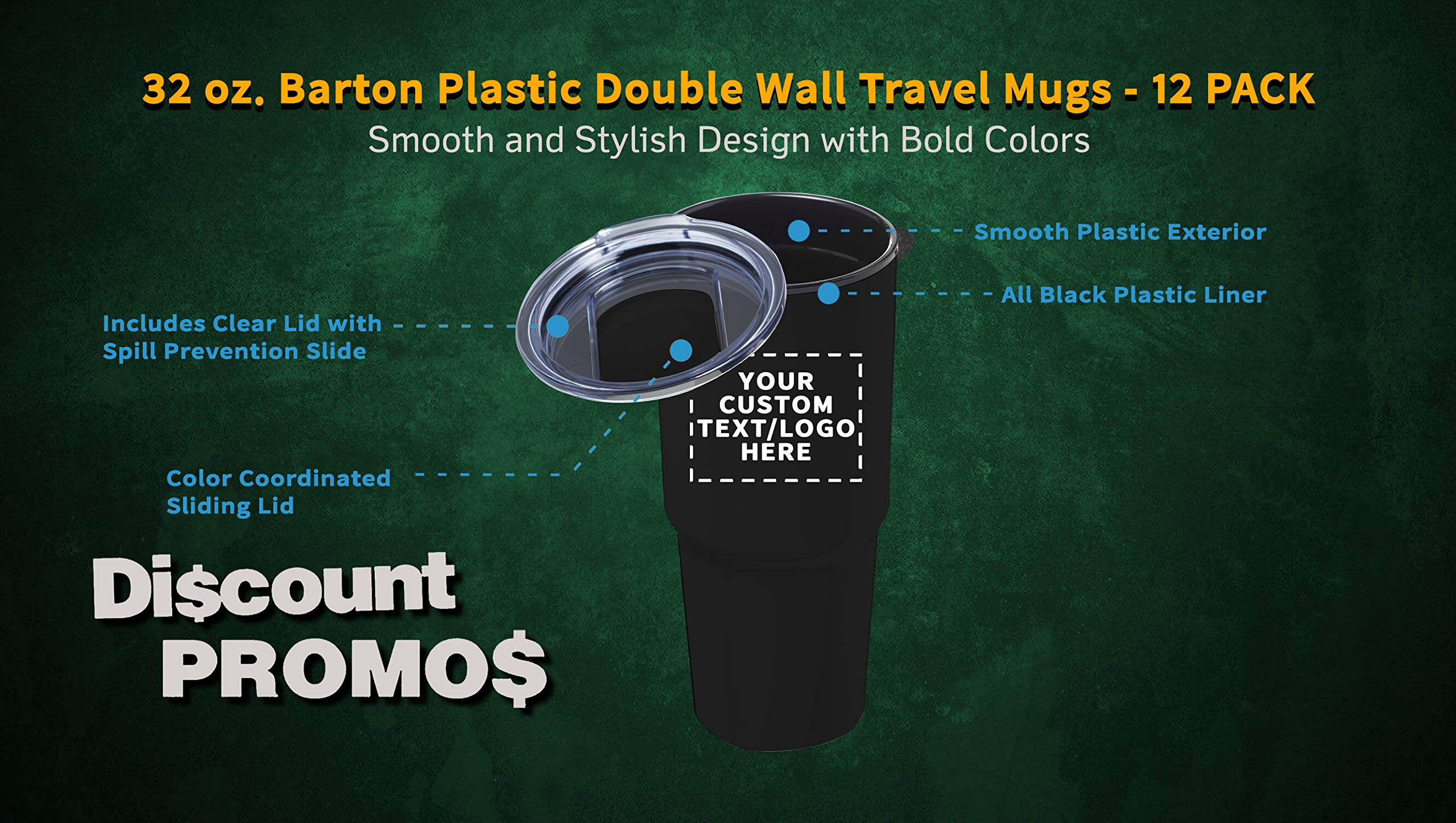 Personalized 32 oz. Barton Plastic Double Wall Travel Mugs - 12 Pack - Custom Text, Logo - Black