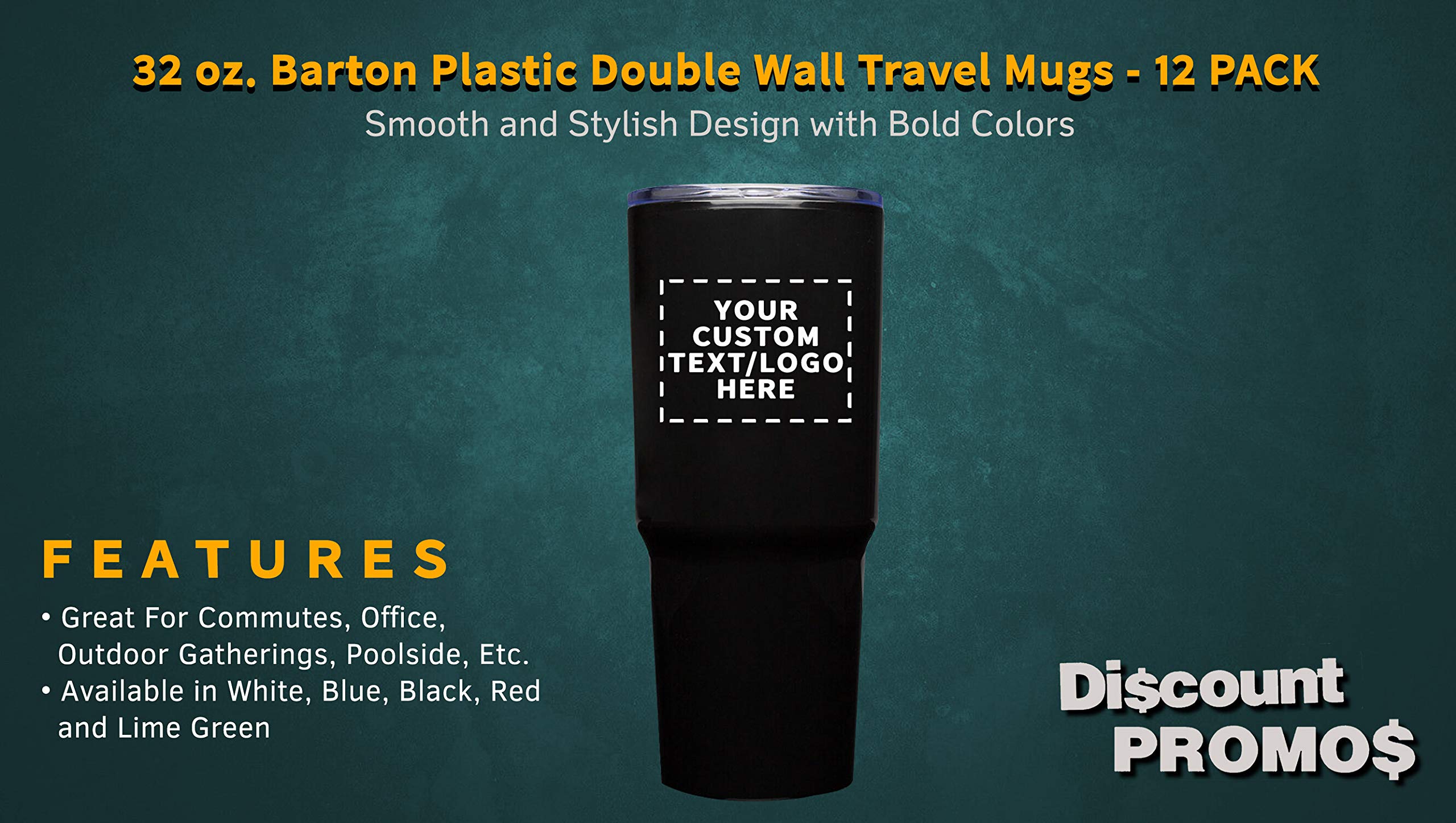 Personalized 32 oz. Barton Plastic Double Wall Travel Mugs - 12 Pack - Custom Text, Logo - Black