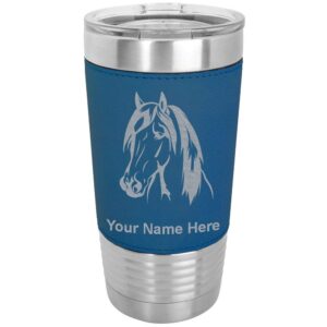 lasergram 20oz vacuum insulated tumbler mug, horse head 1, personalized engraving included (faux leather, blue)