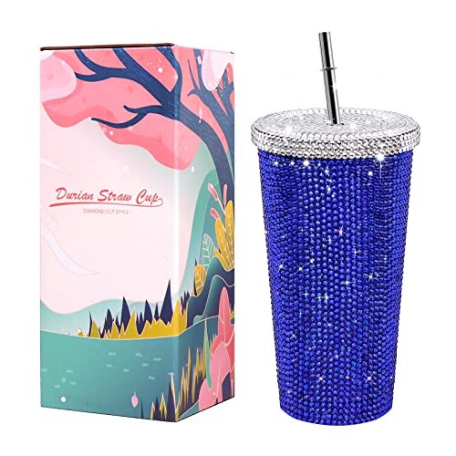 16.9oz Studded Bling Tumbler for Women, Diamond Glitter Water Bottle with Lid Stainless Steel Vacuum Thermal Straw Tumbler , Double Wall Straw Cups, Handmade Individually Set Stones (Bling-Blue)