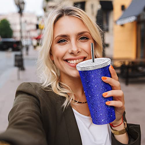 16.9oz Studded Bling Tumbler for Women, Diamond Glitter Water Bottle with Lid Stainless Steel Vacuum Thermal Straw Tumbler , Double Wall Straw Cups, Handmade Individually Set Stones (Bling-Blue)