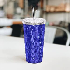 16.9oz Studded Bling Tumbler for Women, Diamond Glitter Water Bottle with Lid Stainless Steel Vacuum Thermal Straw Tumbler , Double Wall Straw Cups, Handmade Individually Set Stones (Bling-Blue)