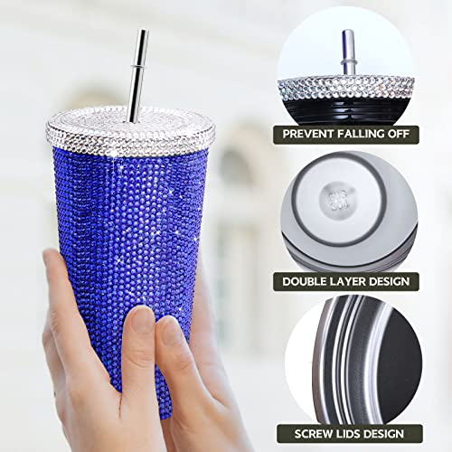 16.9oz Studded Bling Tumbler for Women, Diamond Glitter Water Bottle with Lid Stainless Steel Vacuum Thermal Straw Tumbler , Double Wall Straw Cups, Handmade Individually Set Stones (Bling-Blue)