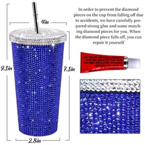 16.9oz Studded Bling Tumbler for Women, Diamond Glitter Water Bottle with Lid Stainless Steel Vacuum Thermal Straw Tumbler , Double Wall Straw Cups, Handmade Individually Set Stones (Bling-Blue)