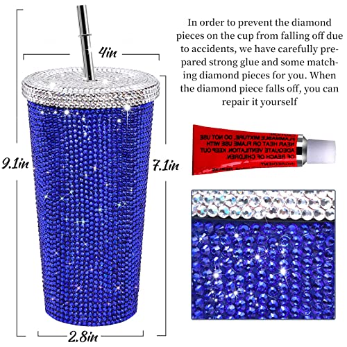 16.9oz Studded Bling Tumbler for Women, Diamond Glitter Water Bottle with Lid Stainless Steel Vacuum Thermal Straw Tumbler , Double Wall Straw Cups, Handmade Individually Set Stones (Bling-Blue)