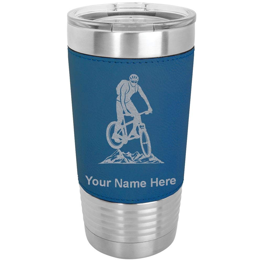 LaserGram 20oz Vacuum Insulated Tumbler Mug, Mountain Bike, Personalized Engraving Included (Faux Leather, Blue)