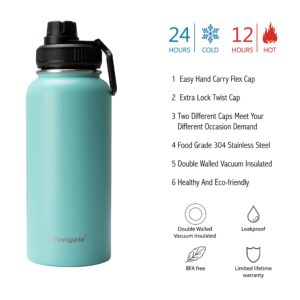 NAVIGATE 32oz Wide Mouth Stainless Steel Water Bottle With Bonus Lid, Double Walled Vacuum Insulated Travel Sports Flask Thermos |Keep Drink Stay Cold & Hot,BPA Free, Leak Proof(teal blue)