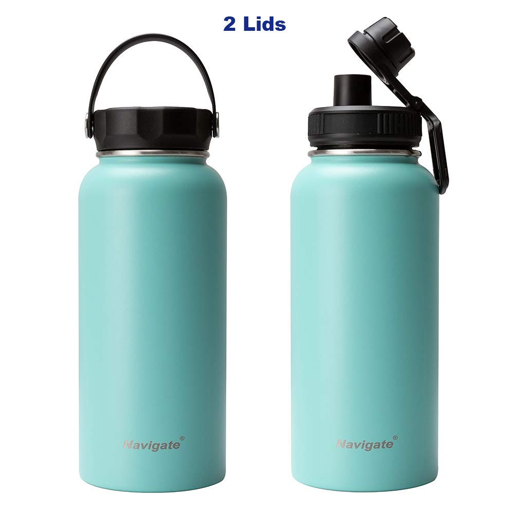 NAVIGATE 32oz Wide Mouth Stainless Steel Water Bottle With Bonus Lid, Double Walled Vacuum Insulated Travel Sports Flask Thermos |Keep Drink Stay Cold & Hot,BPA Free, Leak Proof(teal blue)