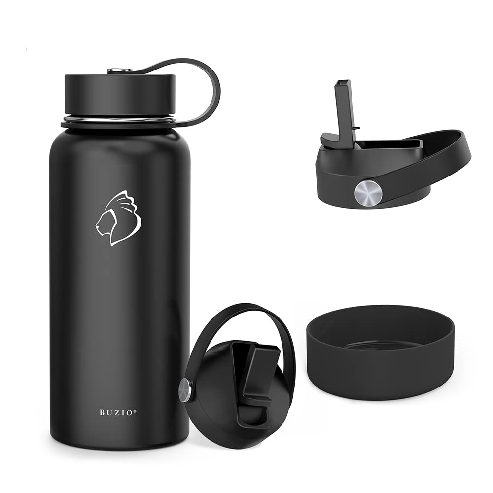 BUZIO Vacuum Insulated Stainless Steel Water Bottle with BUZIO Straw Lid and Boot, BPA Free Double Wall Water Flask, Cold for 48 Hrs Hot for 24 Hrs Simple Thermo Canteen Mug