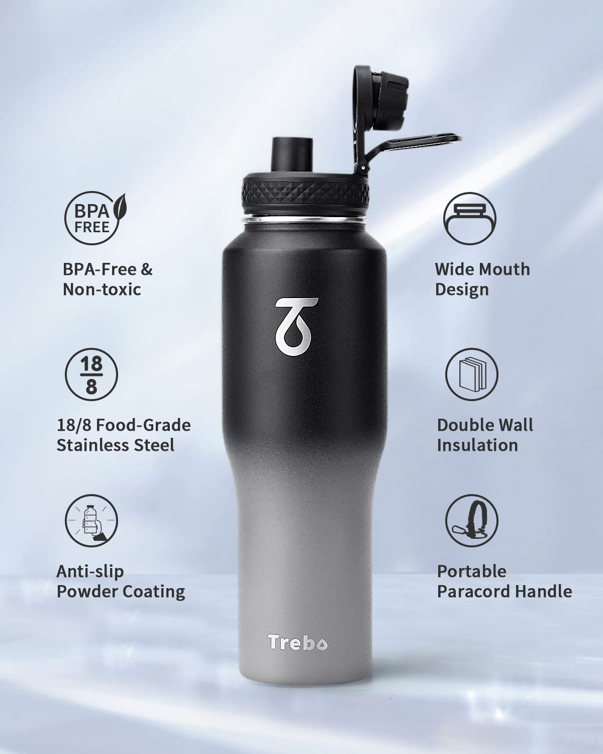 Trebo Water Bottle 32oz&64oz with Paracord Handle, Half Gallon Food-grade Double Wall Vacuum Stainless Steel Insulated Jug with Straw Spout Handle Lids, Leakproof Keep Cold & Hot Ombre: Dark Gray