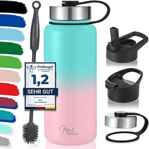 milu stainless steel drinking bottle 500ml, 750ml, 1000ml (+3 lids) - thermos bottle with straw, water bottle, for hot, cold & carbonated drinks (mint pink, 1l)