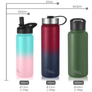 Milu Stainless Steel Drinking Bottle 500ml, 750ml, 1000ml (+3 Lids) - Thermos Bottle with Straw, Water Bottle, For Hot, Cold & Carbonated Drinks (Mint Pink, 1l)