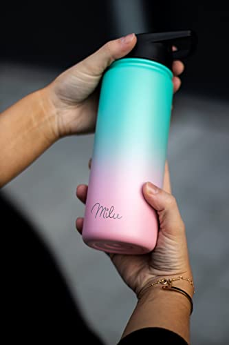 Milu Stainless Steel Drinking Bottle 500ml, 750ml, 1000ml (+3 Lids) - Thermos Bottle with Straw, Water Bottle, For Hot, Cold & Carbonated Drinks (Mint Pink, 1l)