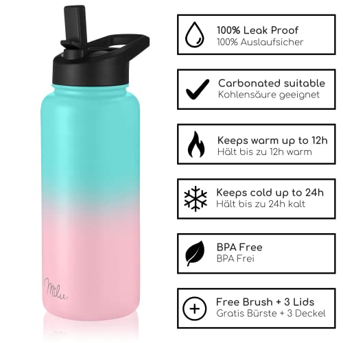 Milu Stainless Steel Drinking Bottle 500ml, 750ml, 1000ml (+3 Lids) - Thermos Bottle with Straw, Water Bottle, For Hot, Cold & Carbonated Drinks (Mint Pink, 1l)