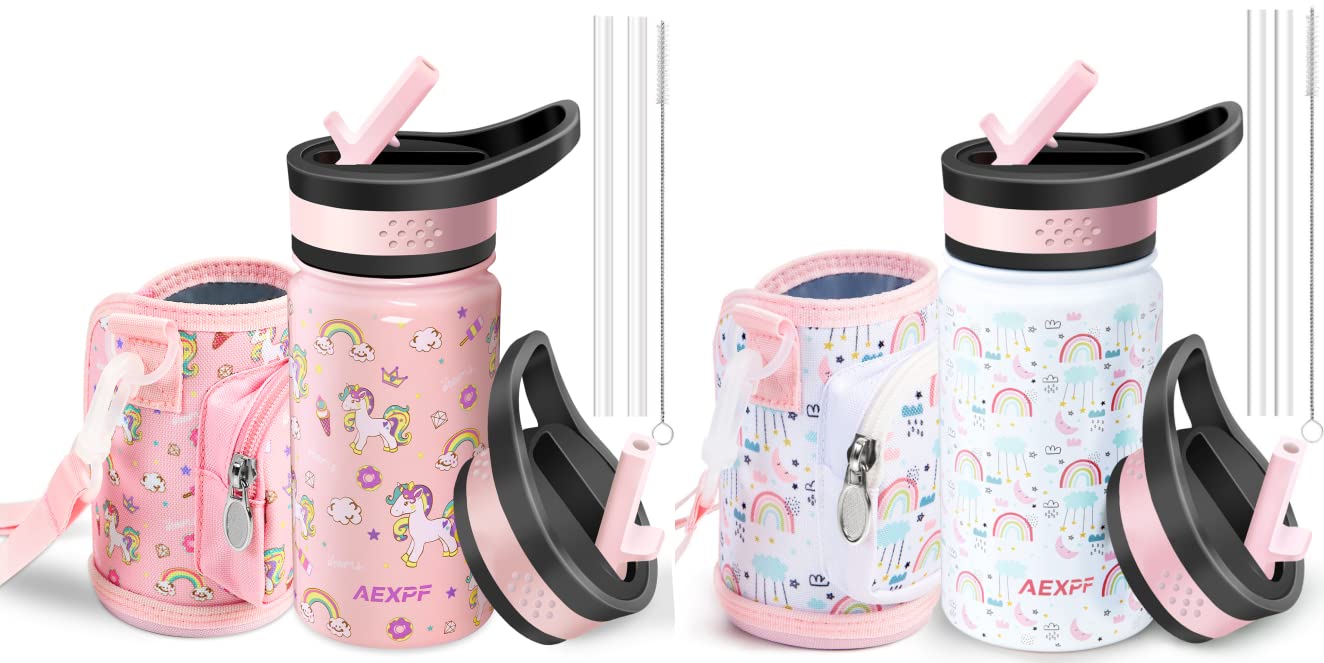 AEXPF Insulated Kids Water Bottle with Sleeve, 14 oz Double Wall Vacuum Stainless Steel Leakproof Thermos Water Bottle, Unicorn Pattern and Rainbow Pattern