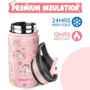 AEXPF Insulated Kids Water Bottle with Sleeve, 14 oz Double Wall Vacuum Stainless Steel Leakproof Thermos Water Bottle, Unicorn Pattern and Rainbow Pattern