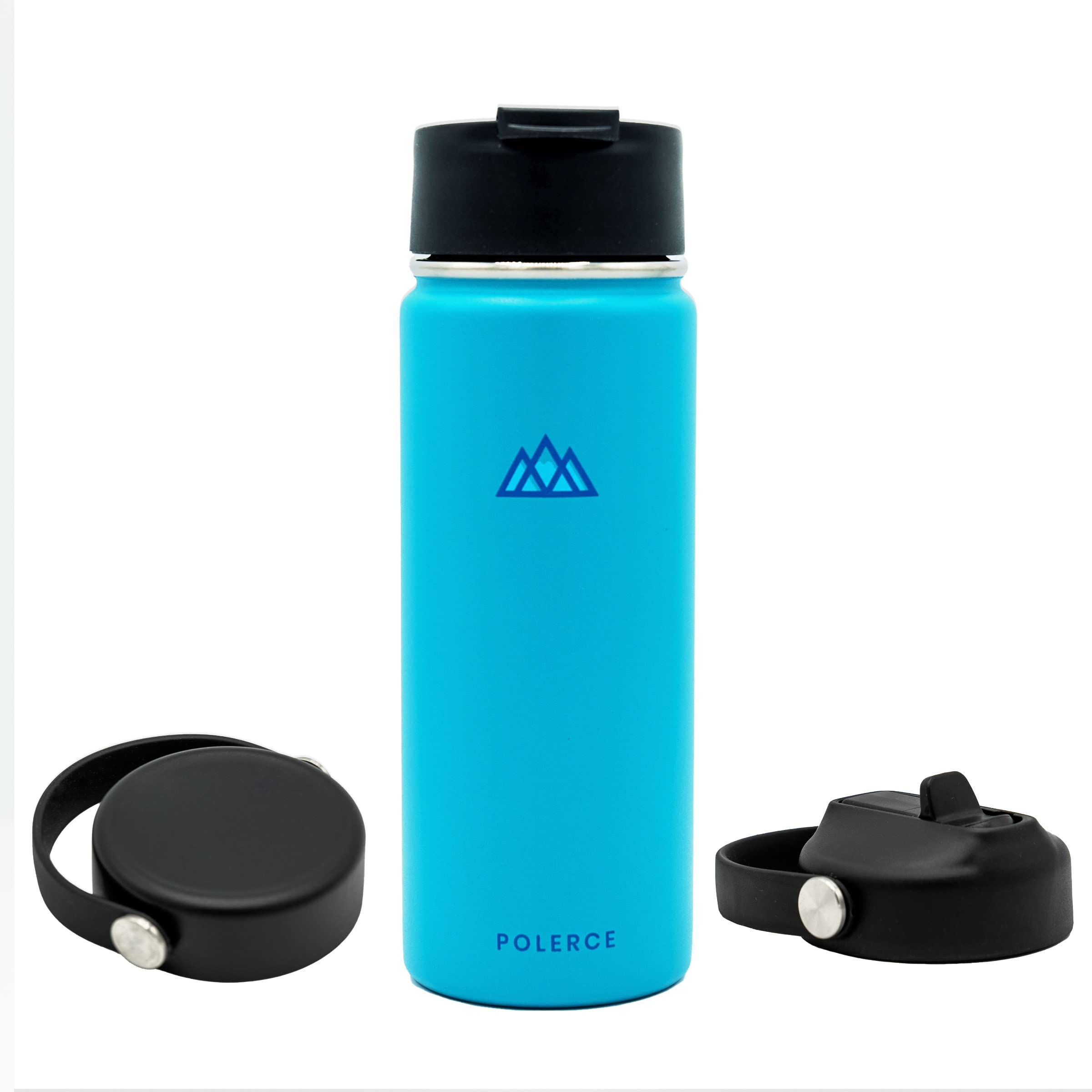 Vacuum Insulated Bottle with 3 Lids - Flex Straw Lid, Flex Lid, and Coffee Flip Lid - Stainless Steel Double Wall Thermally Insulated Flask - 5 Sizes - 5 Colors - by Polerce (18 Oz, Aqua (Blue))