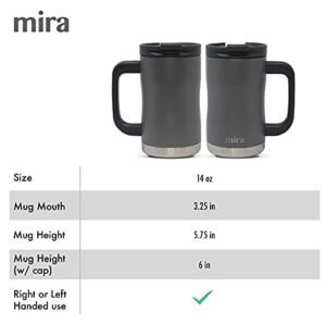 MIRA Vacuum Insulated Coffee Mug with Handle, 14oz Stainless Steel Tea Coffee Travel Mug, Double Wall Reusable thermal Coffee Cup with Lid, Slate Gray