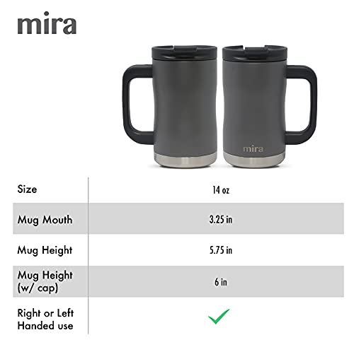 MIRA Vacuum Insulated Coffee Mug with Handle, 14oz Stainless Steel Tea Coffee Travel Mug, Double Wall Reusable thermal Coffee Cup with Lid, Slate Gray