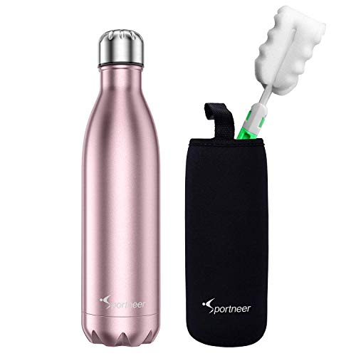 Flask Water Bottles: Sportneer 26oz Insulated Stainless Steel Water Bottle Reusable Double Walled Metal Bottle Cola Shape Thermos LeakProof 24 Hours Cold 12 Hours Hot for Travel Hiking 750ml Rose Gold