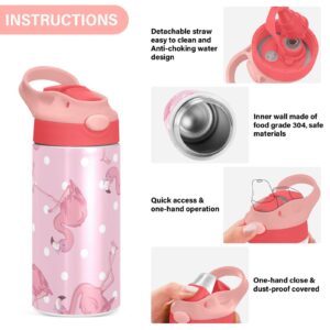 Kigai Pink Flamingos and Dots Kids Water Bottle, Insulated Stainless Steel Water Bottles with Straw Lid, 12 oz BPA-Free Leakproof Duck Mouth Thermos for Boys Girls