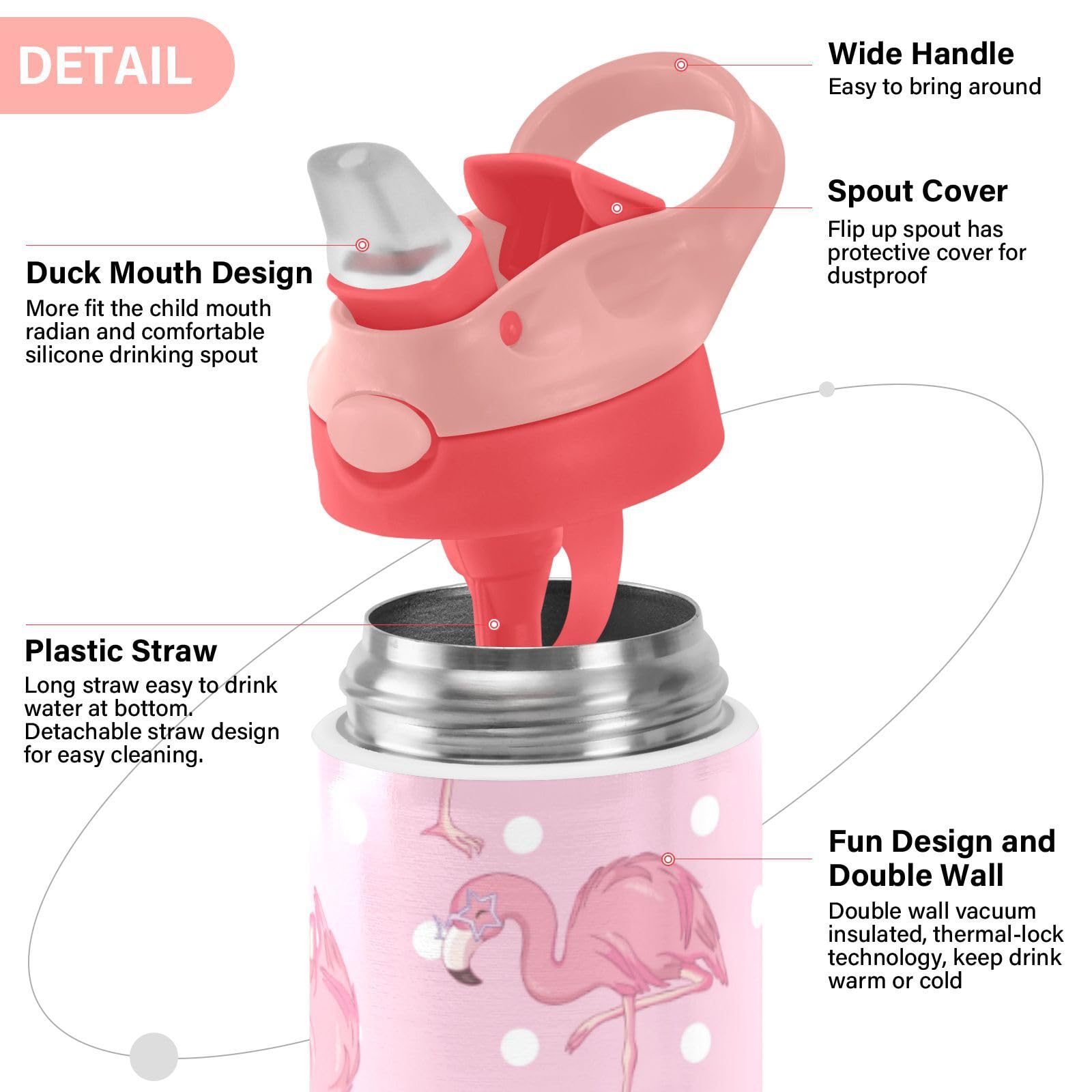 Kigai Pink Flamingos and Dots Kids Water Bottle, Insulated Stainless Steel Water Bottles with Straw Lid, 12 oz BPA-Free Leakproof Duck Mouth Thermos for Boys Girls