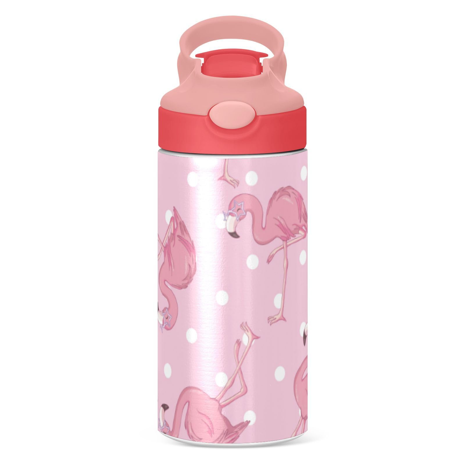 Kigai Pink Flamingos and Dots Kids Water Bottle, Insulated Stainless Steel Water Bottles with Straw Lid, 12 oz BPA-Free Leakproof Duck Mouth Thermos for Boys Girls