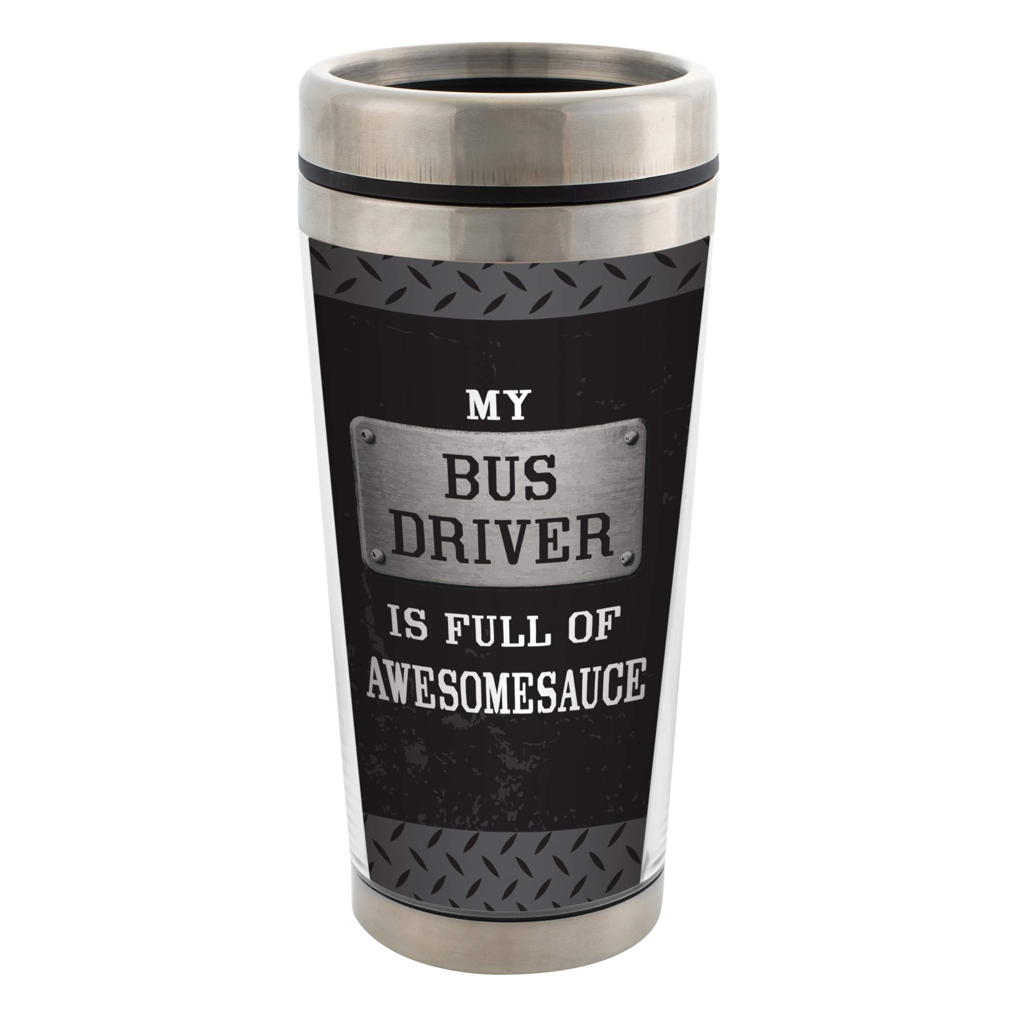 Elanze Designs My Bus Driver Is Full of Awesomesauce Black 16 Ounce Stainless Steel Travel Mug with Lid