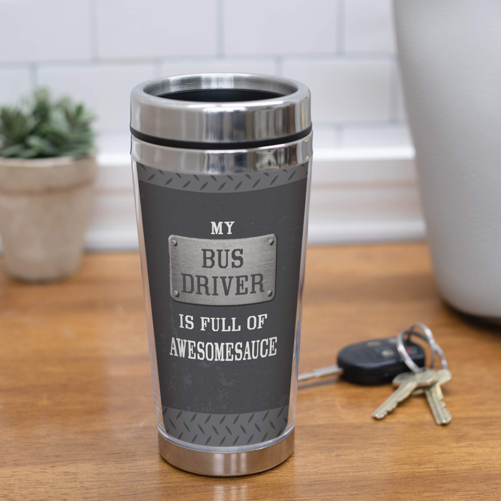 Elanze Designs My Bus Driver Is Full of Awesomesauce Black 16 Ounce Stainless Steel Travel Mug with Lid