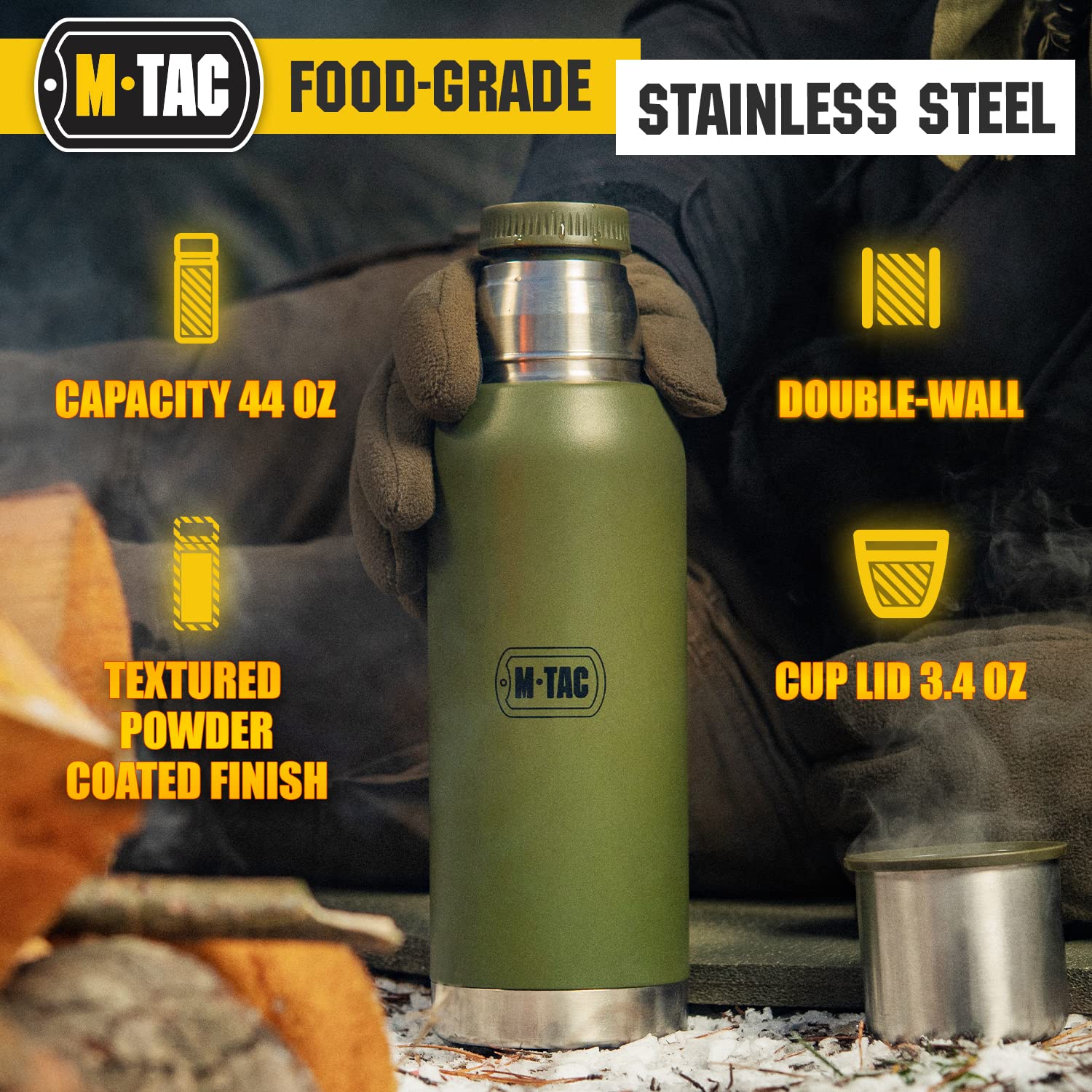 M-Tac Thermo Bottle Type 2 for Cold & Hot Beverages - Stainless Steel Leakproof Vacuum Insulated Flask (Olive, 34 oz)