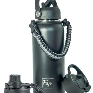 Faji 32oz Powder Coated Double Wall Vacuum Insulated Sports Water Bottle,Stainless Steel Wide Mouth Thermos Flask with Paracord Handle, Straw, Swing, & Spout Lid, Leak Proof, BPA Free (Mystery)