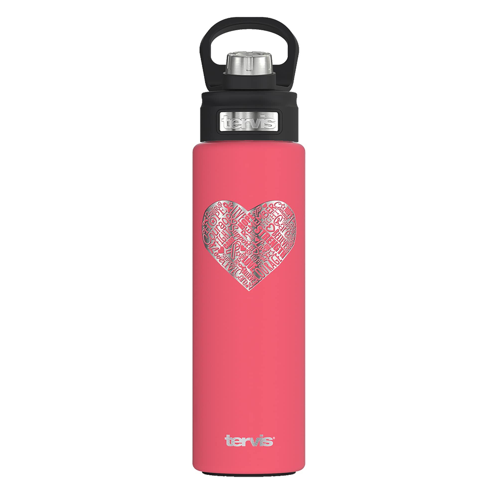 Tervis Breast Cancer Awareness - Pink Ribbon Heart Engraved Triple Walled Insulated Tumbler Travel Cup Keeps Drinks Cold, 24oz Wide Mouth Bottle, Berry Blush