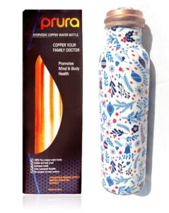 prura pure printed copper water bottle - leak proof ayurvedic drinkware copper vessel for sports, gym, outdoors, yoga, health benefits (30 oz)