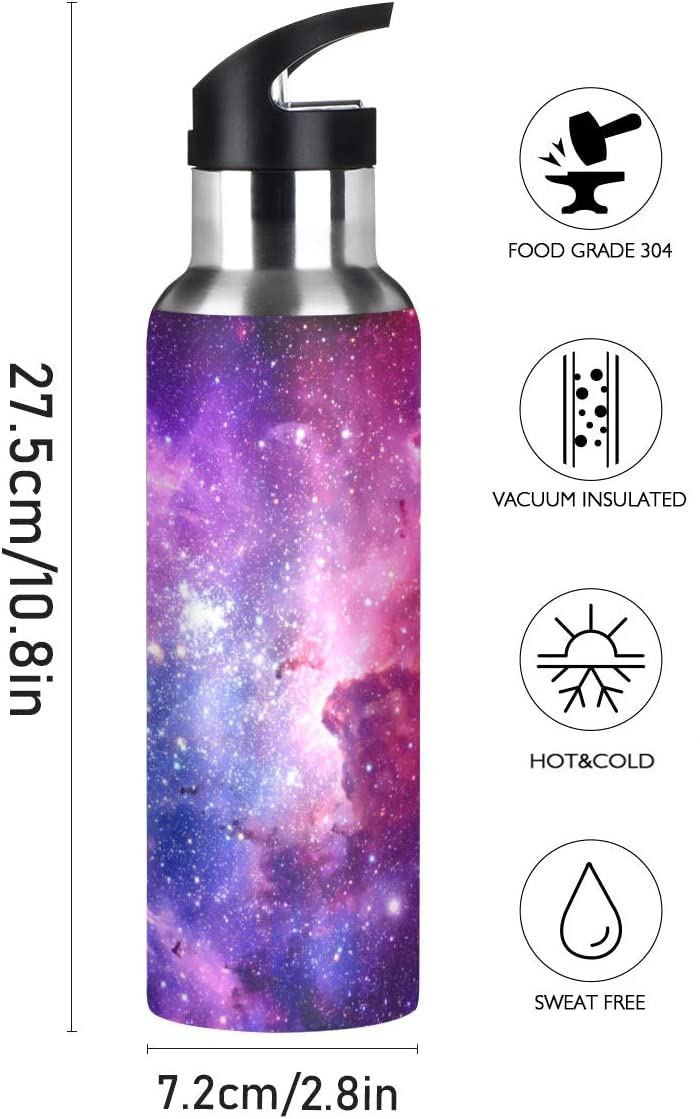 Moudou Purple Galaxy Water Bottle with Straw Lid Double Wall Vacuum Insulated Stainless Steel Sport Water Bottle 20 oz