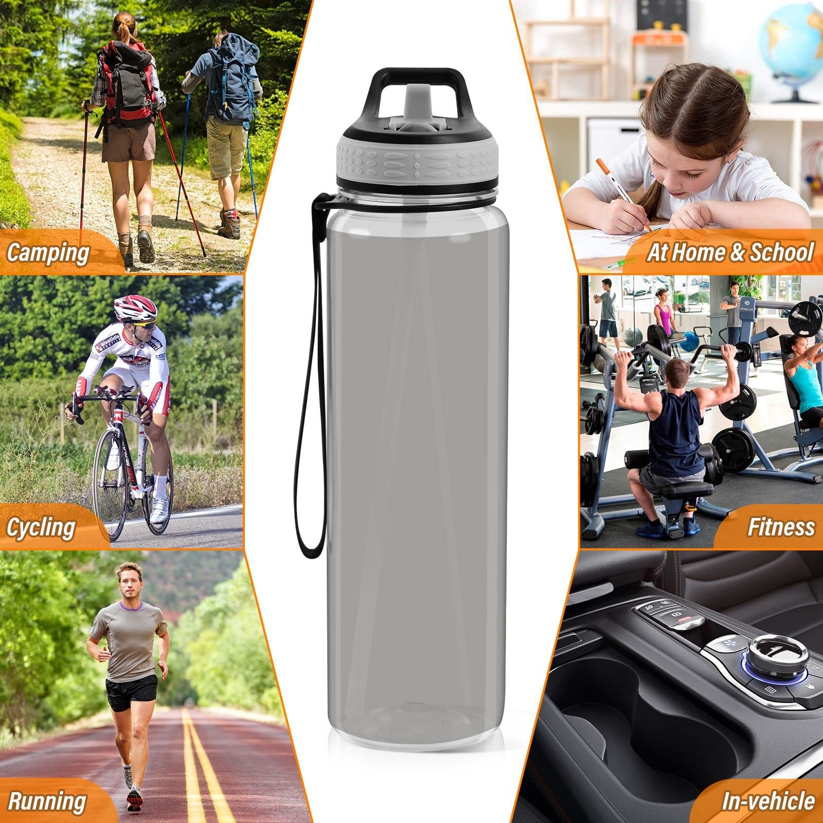 Kigai Plain Grey Solid Color Water Bottle with Straw Lid 32oz Leakproof Clear Gym Water Bottles for Women Men Outdoor Sport Drinking