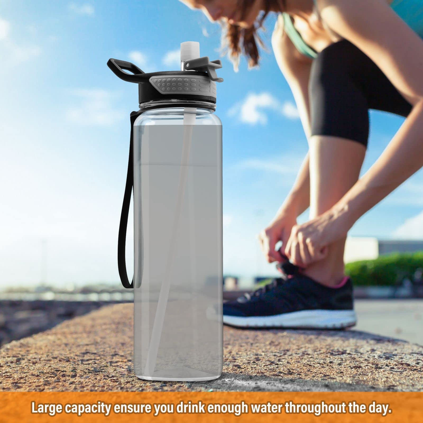 Kigai Plain Grey Solid Color Water Bottle with Straw Lid 32oz Leakproof Clear Gym Water Bottles for Women Men Outdoor Sport Drinking