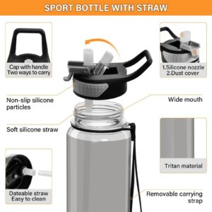 Kigai Plain Grey Solid Color Water Bottle with Straw Lid 32oz Leakproof Clear Gym Water Bottles for Women Men Outdoor Sport Drinking