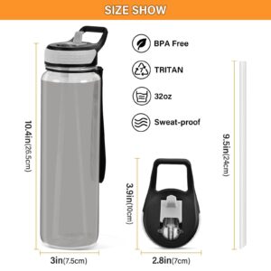 Kigai Plain Grey Solid Color Water Bottle with Straw Lid 32oz Leakproof Clear Gym Water Bottles for Women Men Outdoor Sport Drinking