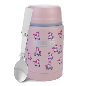 tekker's insulated thermos food jar lunch thermos 17 oz stainless steel container kids vacuum flask folding spoon office travel camping work school outdoors pink unicorns