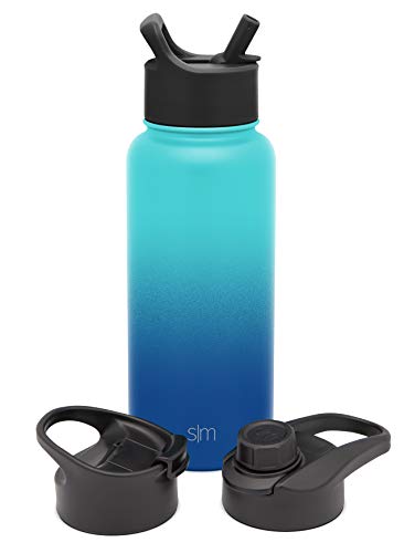 Simple Modern Summit Insulated Water Bottle with 3 Lids - Straw, Flip, Chug - 1 Liter Reusable Wide Mouth Stainless Steel Flask Thermos, 32oz (945ml), Ombre: Pacific Dream