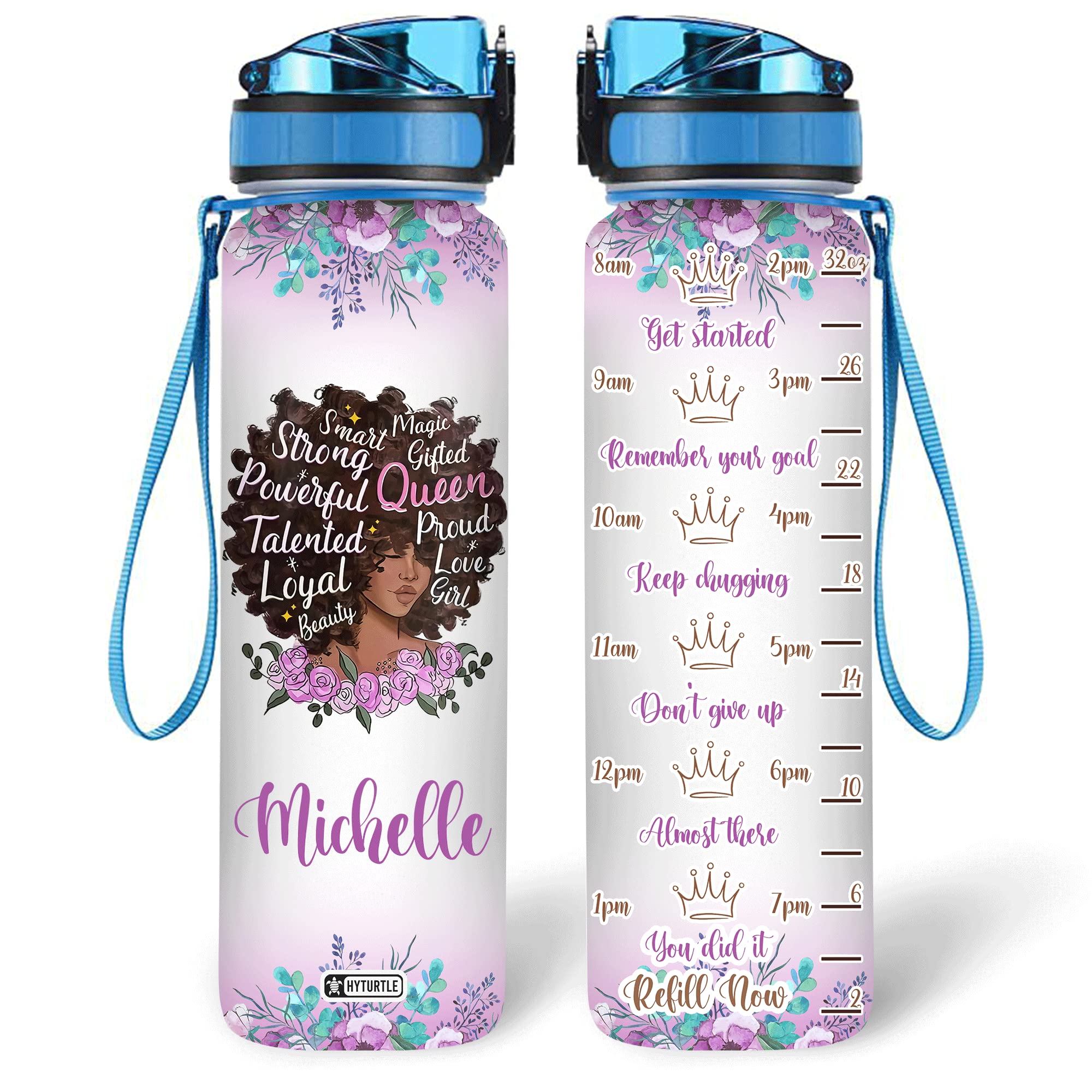 Hyturtle Personalized Magic Gifted Queen Proud Love Girl 32Oz Liter Motivational Water Bottle, Customized Africa American Water Bottle With Time Marker, Gifts For Black Women Girls On Birthday