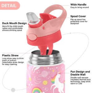 GOODOLD Unicorn Rainbow Pink Kids Water Bottle, Insulated Stainless Steel Water Bottles with Straw Lid, 12 oz BPA-Free Leakproof Duck Mouth Thermos for Boys Girls