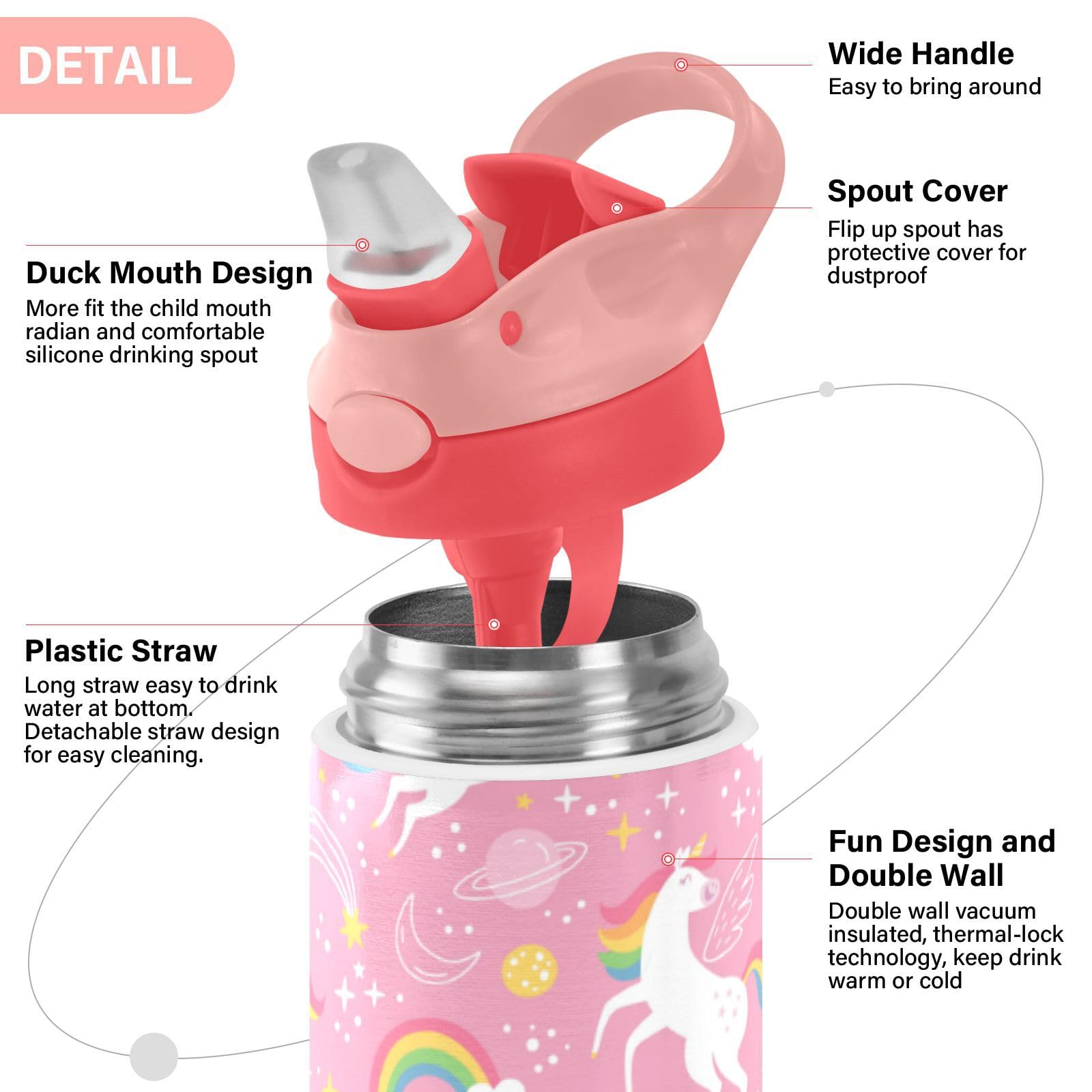 GOODOLD Unicorn Rainbow Pink Kids Water Bottle, Insulated Stainless Steel Water Bottles with Straw Lid, 12 oz BPA-Free Leakproof Duck Mouth Thermos for Boys Girls